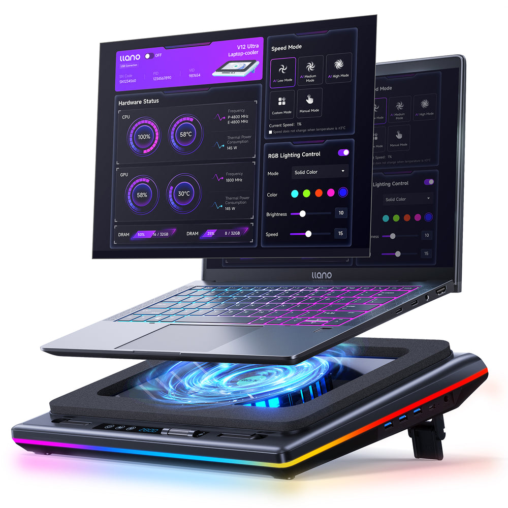 llano V12 Ultra Laptop Cooling Pad with Intelligent Software Control,